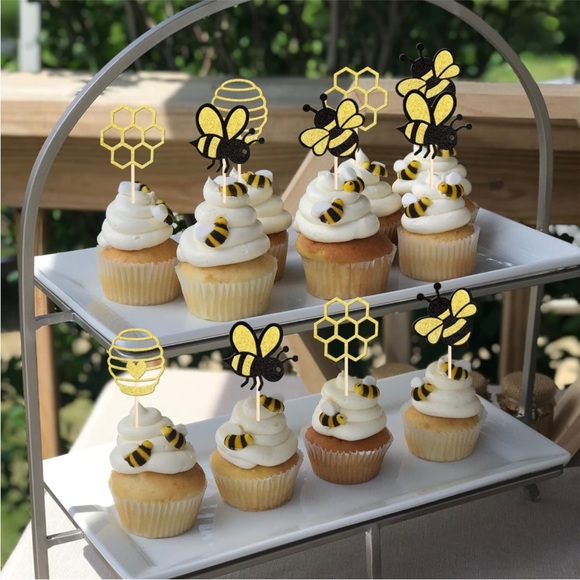Party Supplies | 12pc Bumble Bee Cupcake Toppers Glitter Bee Honeycomb ...